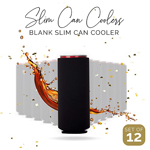 Set of 12 Blank Slim Can Coolers, 12 Neoprene slim can sleeves, 12oz Blank Beer Skinny Can Cooler, Perfect Sublimation Slim Can Cooler (Black)