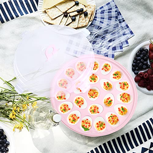 HANSGO Deviled Egg Platter, Pink Deviled Egg Containers with Lid Plastic Deviled Egg Keeper Platter Carrier for Holiday Season Table Party, 22 Egg Slots