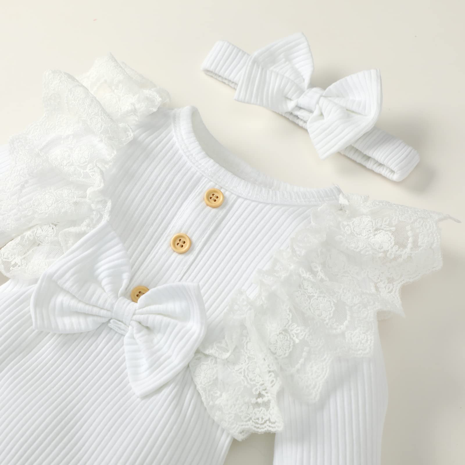 Baby Girl Clothes Newborn Fall Winter Rompers Lace Ruffle Sleeveless One-Pieces Buttons Jumpsuits Bodysuit Outfits Set White 3-6M