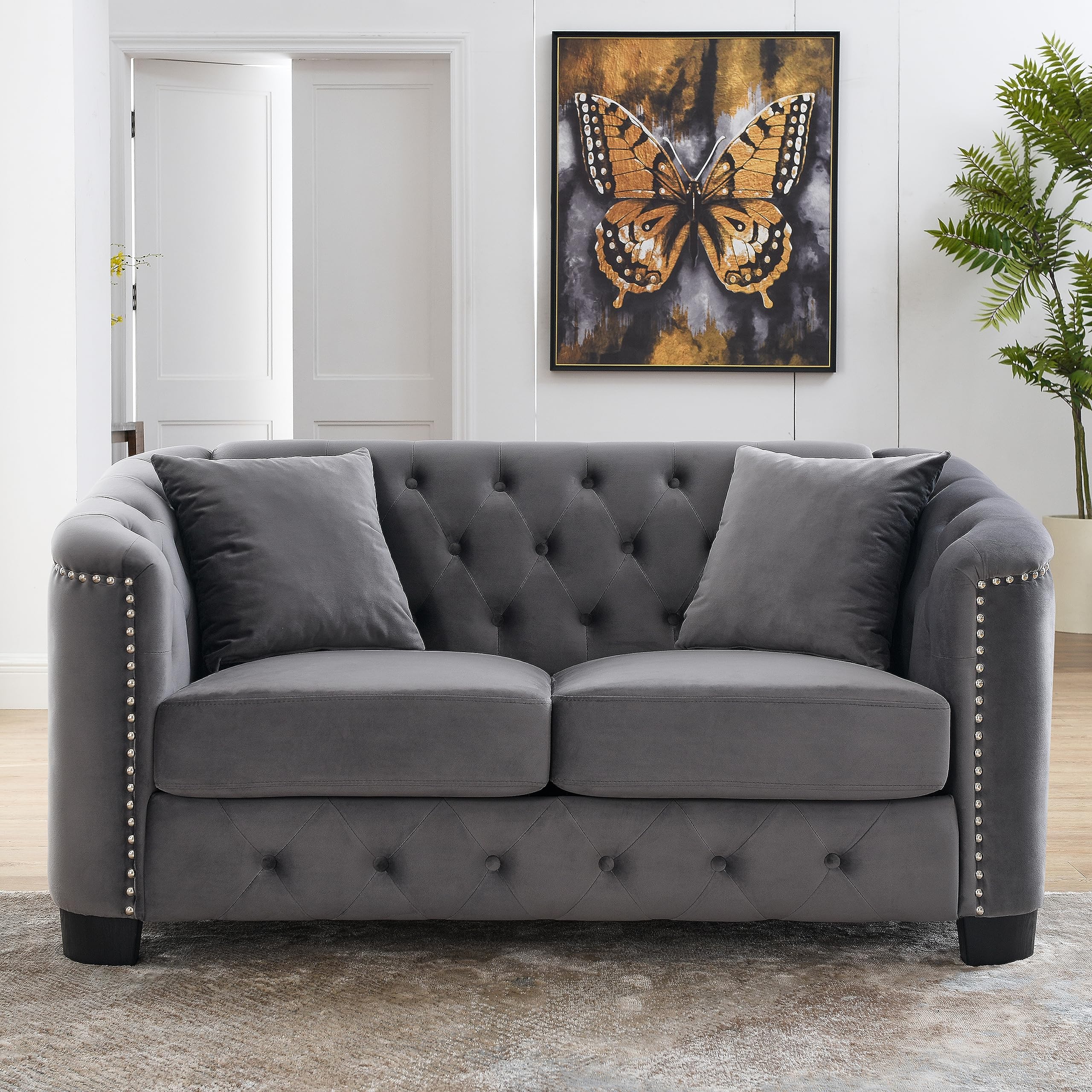 ATUMON 59" Modern Velvet Loveseat Chesterfield Sofa for Living Room,2-Seater Sofa,Upholstered Tufted Backrests with Nailhead Arms and 2 Cushions for Bedroom-Grey