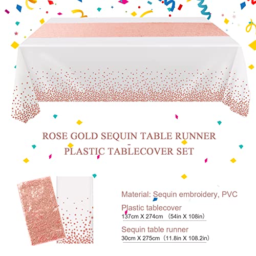 HAOBAOBEI Rose Gold Tablecloth Sequin Table Runner Set, Plastic Table Cloths Pink White Party Decorations, Rectangle Glitter Table Cover for Birthday Wedding Anniversary Parties Supplies (54x108 inch)