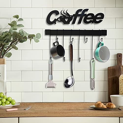 Coffee Mug Holder Wall Mount with 8 Hooks for Cup Organizer and with Extra Metal Coffee Sign for Decor Your Wall Home, Kitchen, Coffee Bar, 2 in 1 Meet Your Need