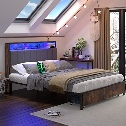 Meitewei Queen Bed Frame with Hidden Storage Headboard and 2 Drawers, LED Smart Bed Frame with Charging Station, Metal Platform Bed Frame Queen Size, No Box Spring Needed, Noise Free, Black