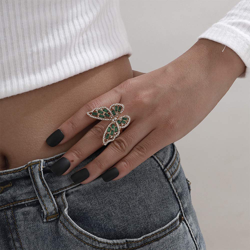 Aimimier Cubic Zirconia Butterfly Ring Sparkling Crystal Bow-Knot Knuckle Ring Wedding Jewelry for Women(Gold-green)