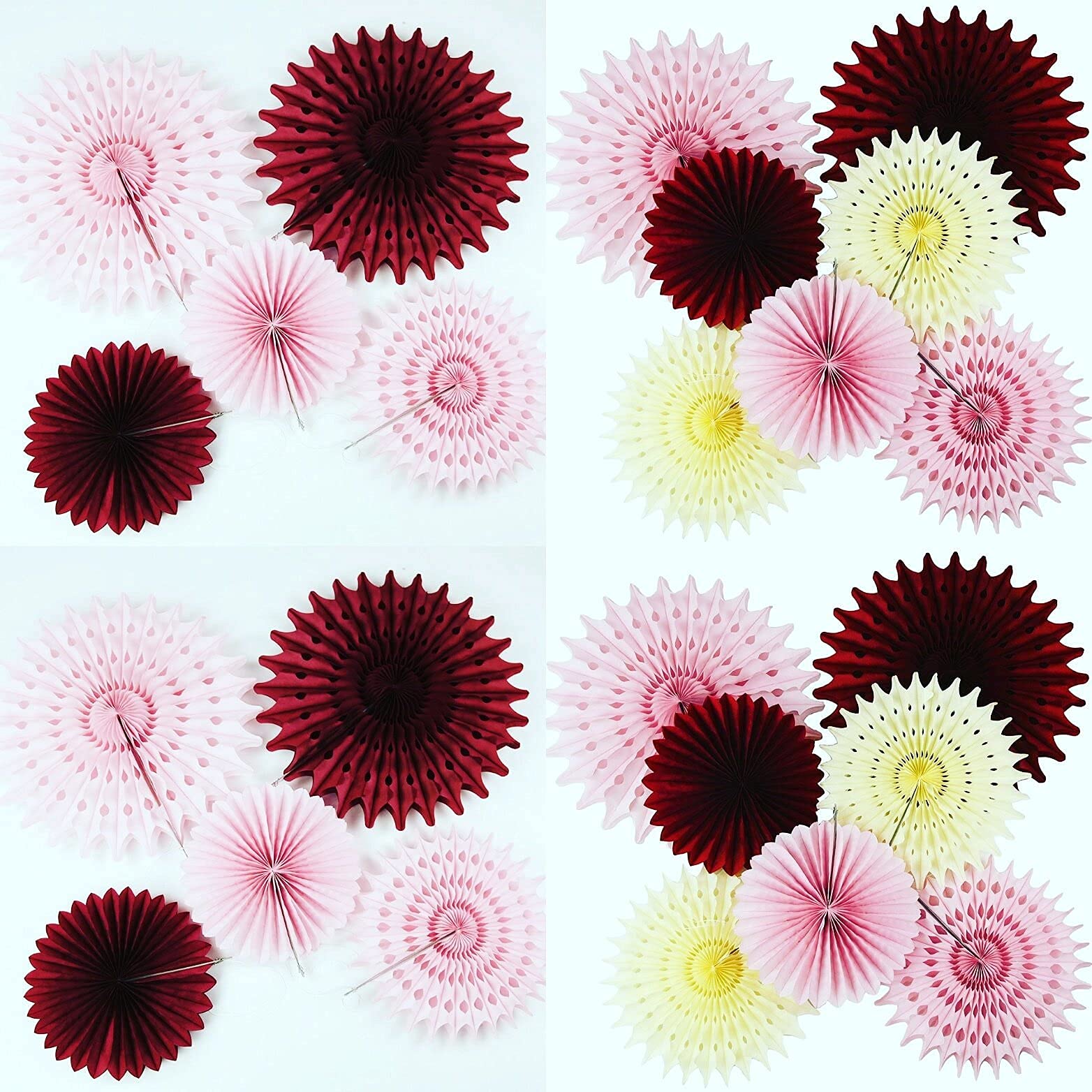 Burgundy Pink Birthday Party Decorations/Fall Bridal Shower Decorations/Valentines Day Decor/7pcs Burgundy Cream Pink Pinwheels Tissue Paper Fans Fall Bachelorette Party Decorations/Burgundy Wedding