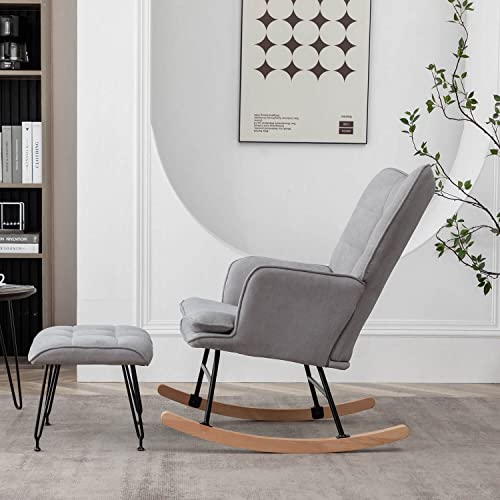 MELLCOM Rocking Chair with Ottoman, High Back Nursery Glider Rocker with Solid Wood Leg, Modern Upholstery Linen Fabric Armchair for Nursery, Living Room and Bedroom
