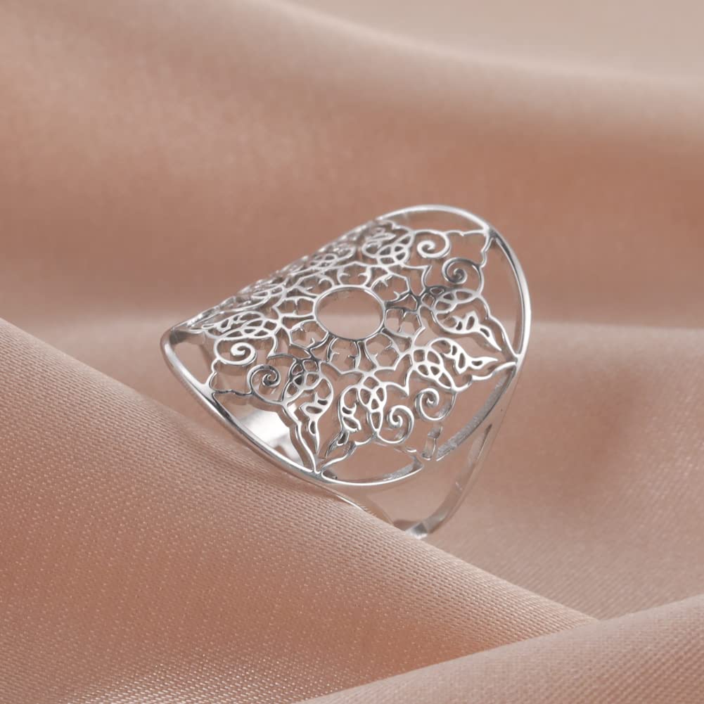 Amaxer Snowflake Ring Geometric Filigree Flower Ring for Women Adjustable Stainless Steel Vintage Finger Rings (Silver)