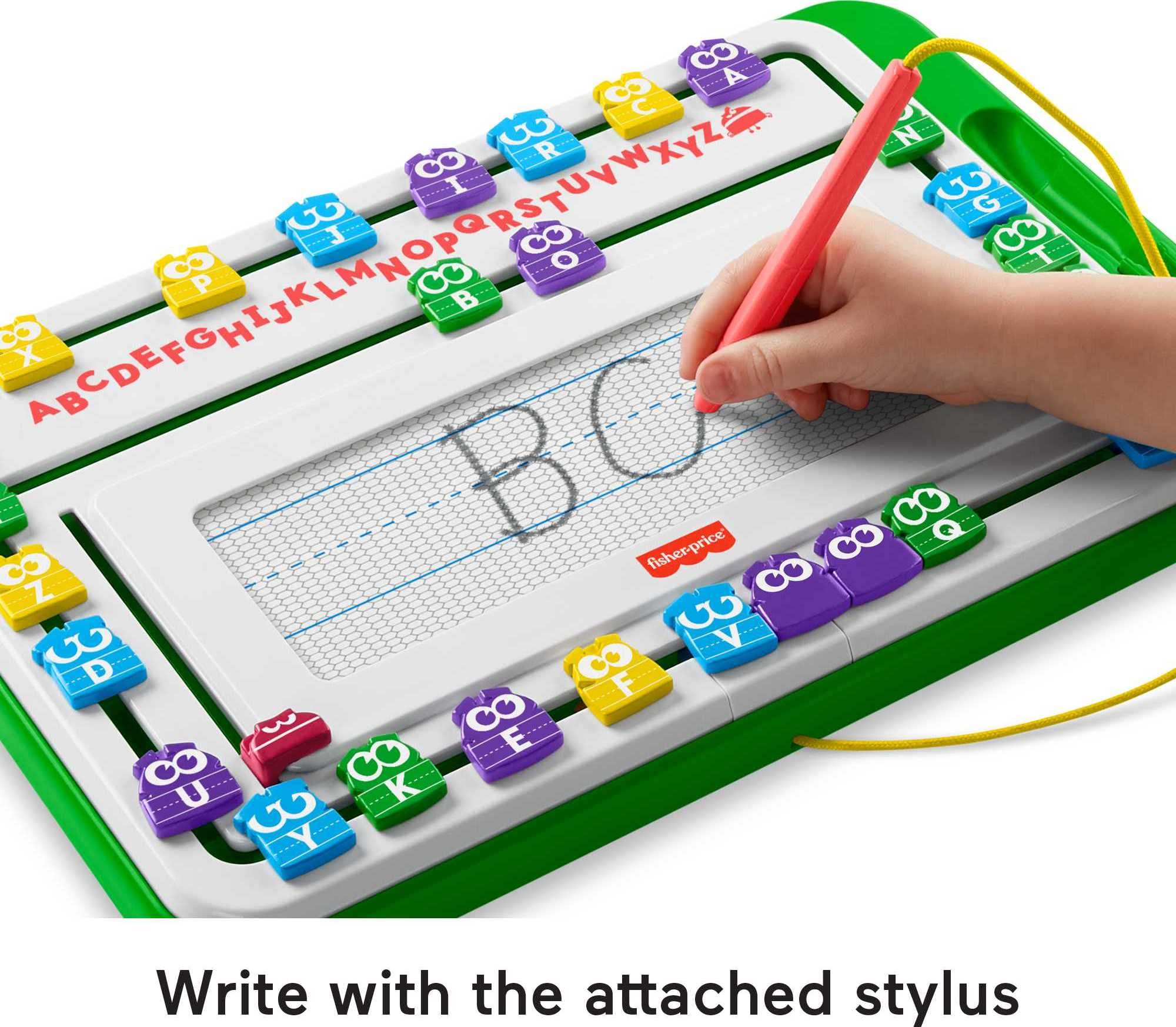 Fisher-Price StoryBots Slide Writer, mess-free magnetic drawing tablet with tethered pen and character stencil for preschool kids ages 3 years and up