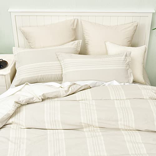 David's Home 100% Washed Cotton Duvet Cover Set Queen Size, Chambray Stripe Duvet Cover with Pillow Shams, 3pcs Ultra Soft and Breathable Comforter Cover Set, 90x 90 Inches, Khaki