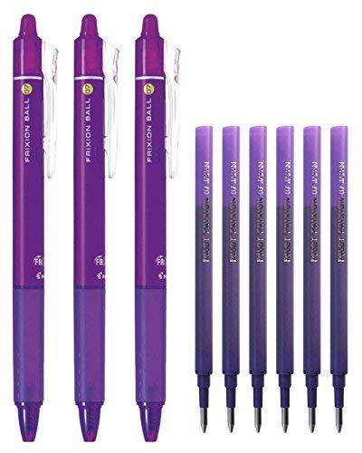 Pilot FriXion Ball Knock Retractable Erasable Gel Ink Pens, Extra Fine Point 0.7mm, Violet Ink, 3 Pens & 6 Refills Value Set