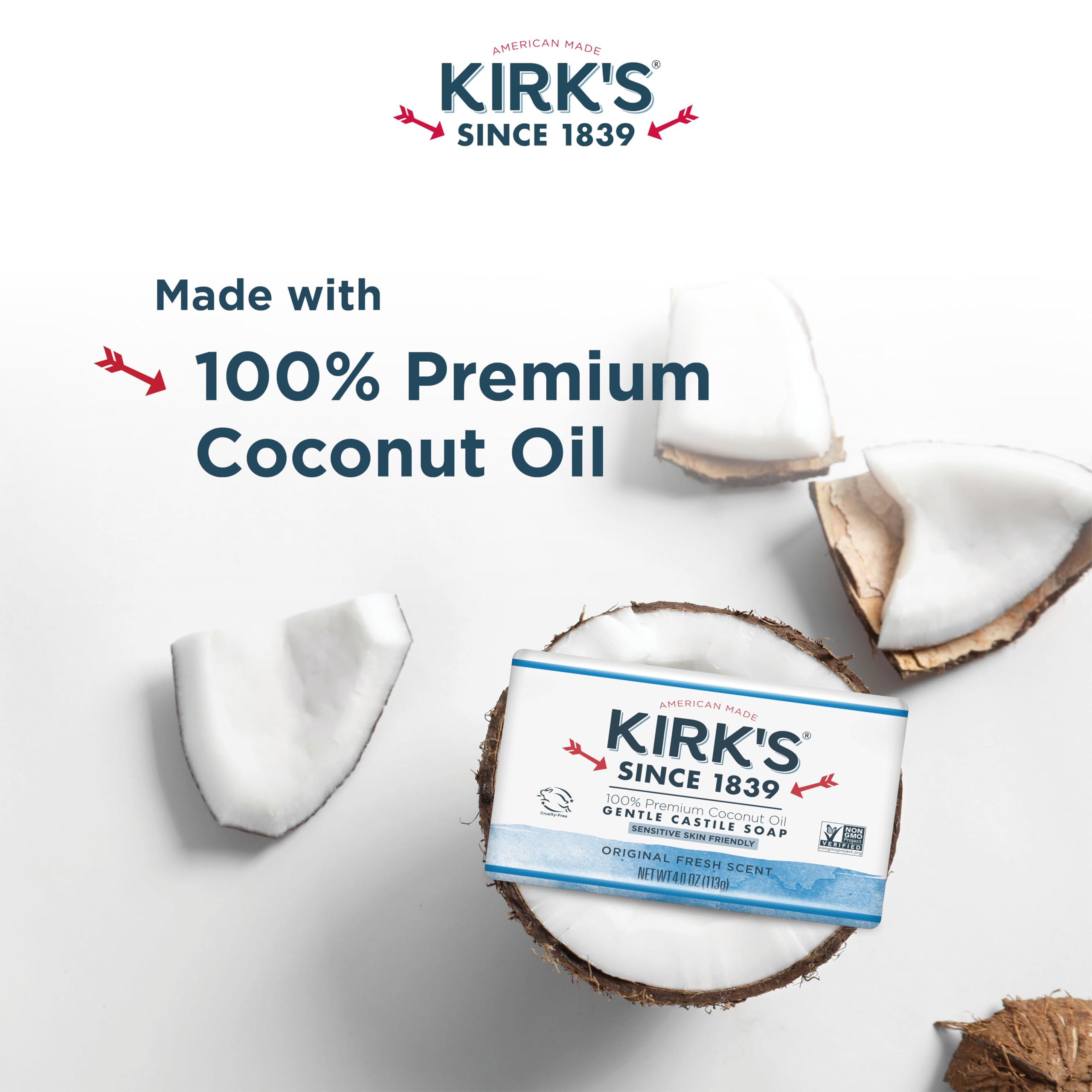 Kirk's Castile Bar Soap for Men, Women & Children - Made with Premium Coconut Oil, Sensitive Skin Formula, Vegan, Non GMO, Original Fresh Scent, 4 oz. Bars, 24 Pack