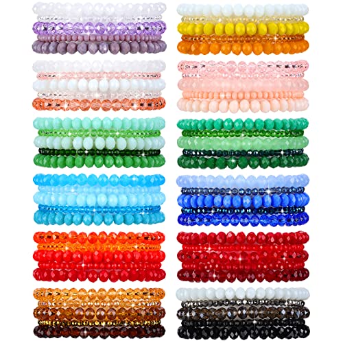Junkin 60 Pcs Bohemian Multi Layer Crystal Beaded Stacking Statement Bracelets for Women Stretchy Strand Crystal Bead Bracelets Versatile Slip on Stackable Shiny Bead Bracelets Pack