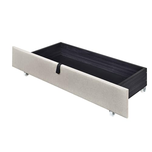 ATY Upholstered Queen Size Bed with Twin-XL Trundle and Two Drawers, Linen Fabric Platform Bedframe w/Lighting& Button Tufted Headboard, Save Space, 86.6" L X 64.6" W X 43.7" H, Beige