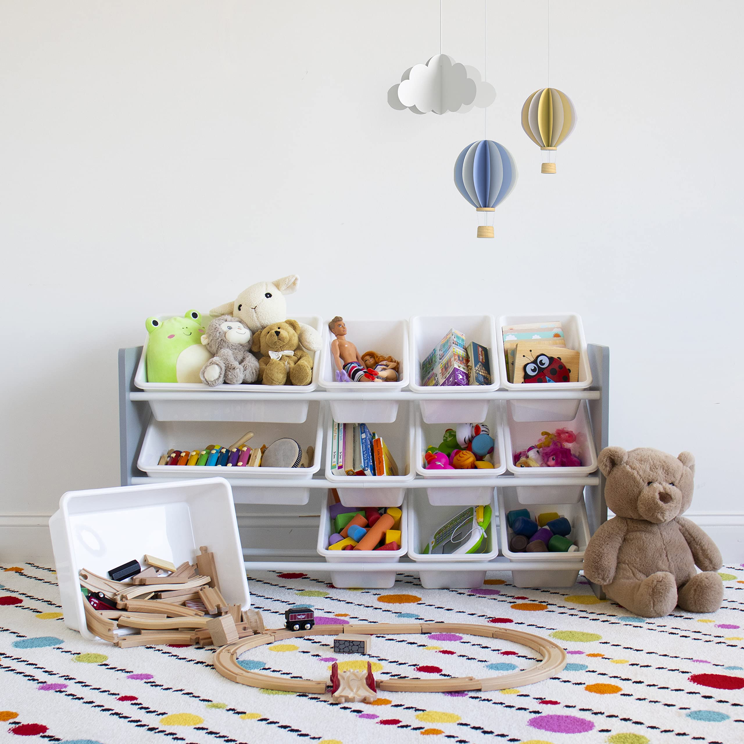 Humble Crew Made for Me Kids Toy Storage Organizer with 12 Storage Bins, Grey/White