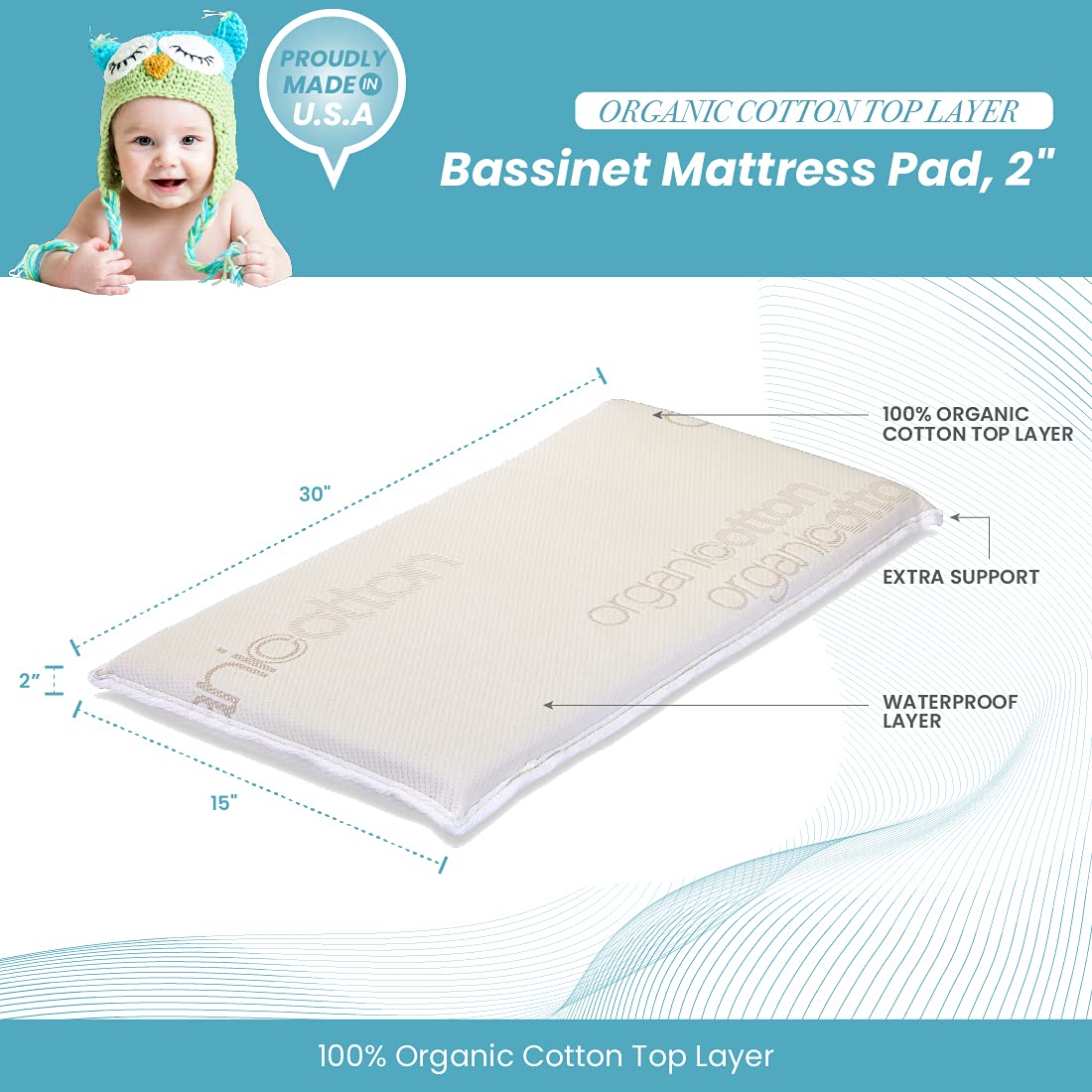 LA Baby Rectangular Bassinet Mattress Pad, 2" with 100% Organic Cotton Top Layer on Waterproof Cover - Made in USA