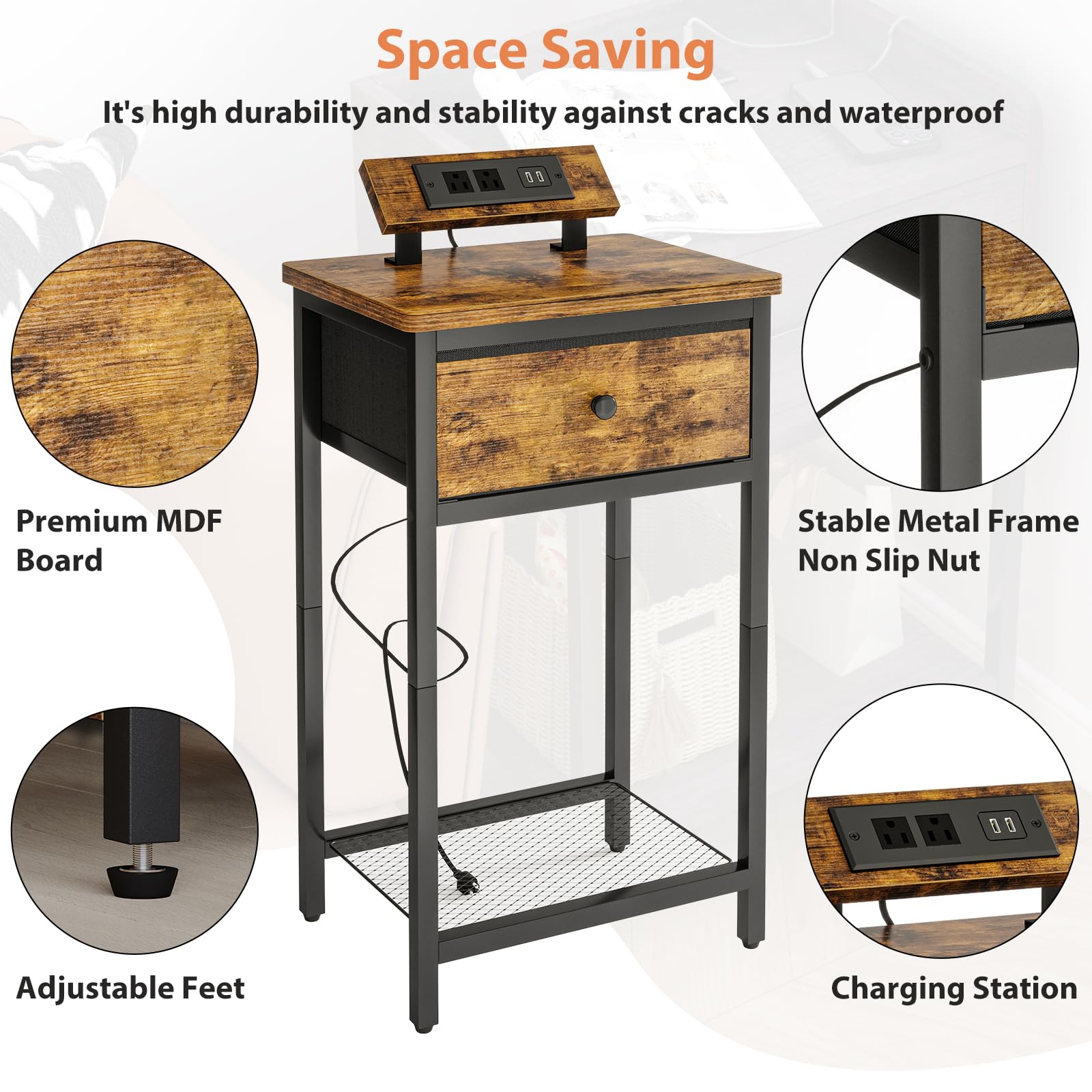 Fixwal Nightstands Set of 2 with Charging Station, Night Stand End Table with USB Ports & Outlets, Bedside Table with Fabric Drawer for Bedroom, Rustic Brown