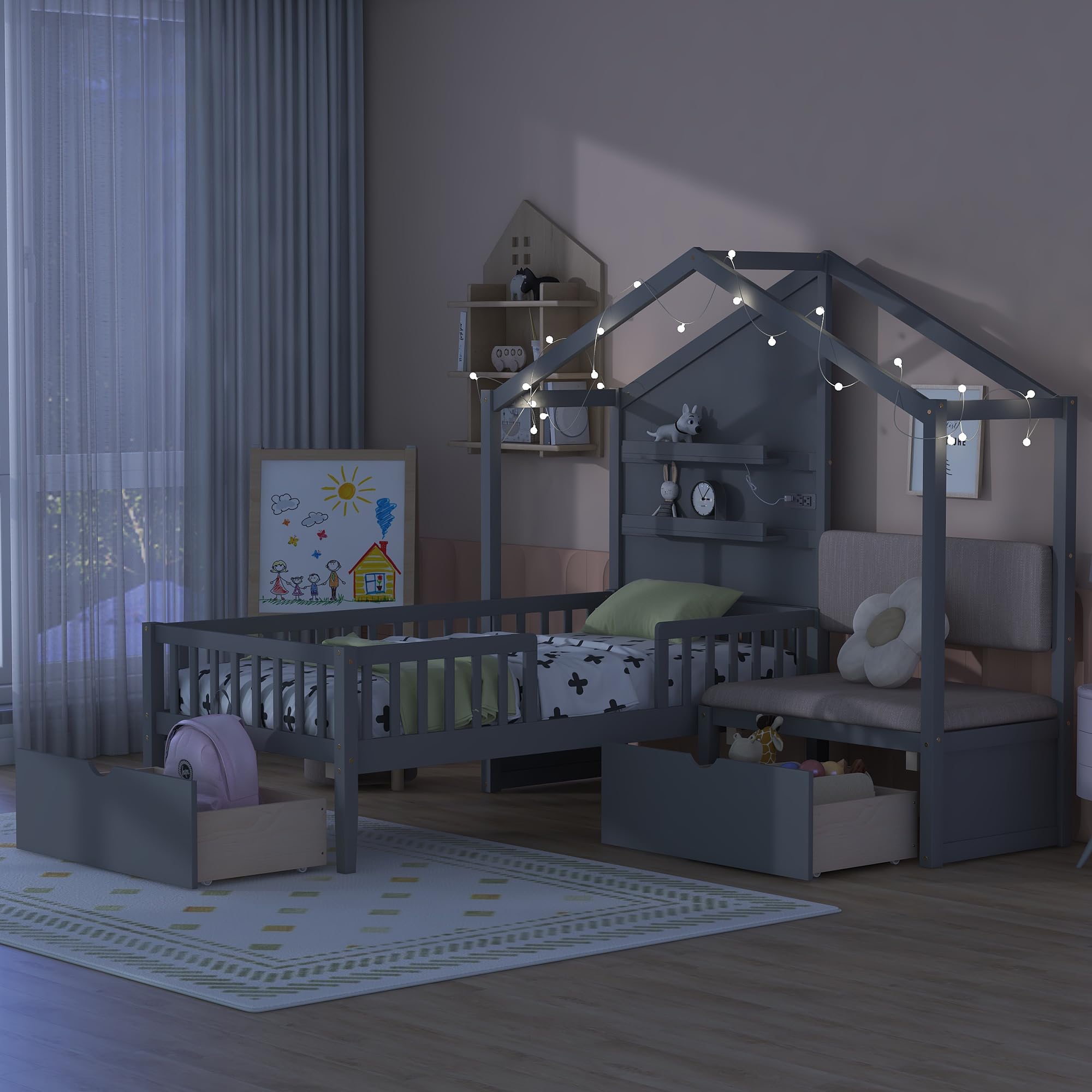 Twin House Bed for Kids, House Platform Bed with Upholstered Sofa, Charging Station, Wireless Charging, Storage Shelves and Two Drawers, Light Strip Included, Gray