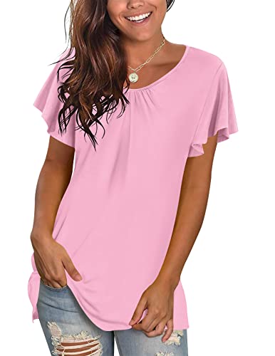 DB MOON Womens 2023 Summer Tops Casual Ruffle Short Sleeve T Shirts Shirred Crewneck Tunic Loose Fit Blouses XL, Pink