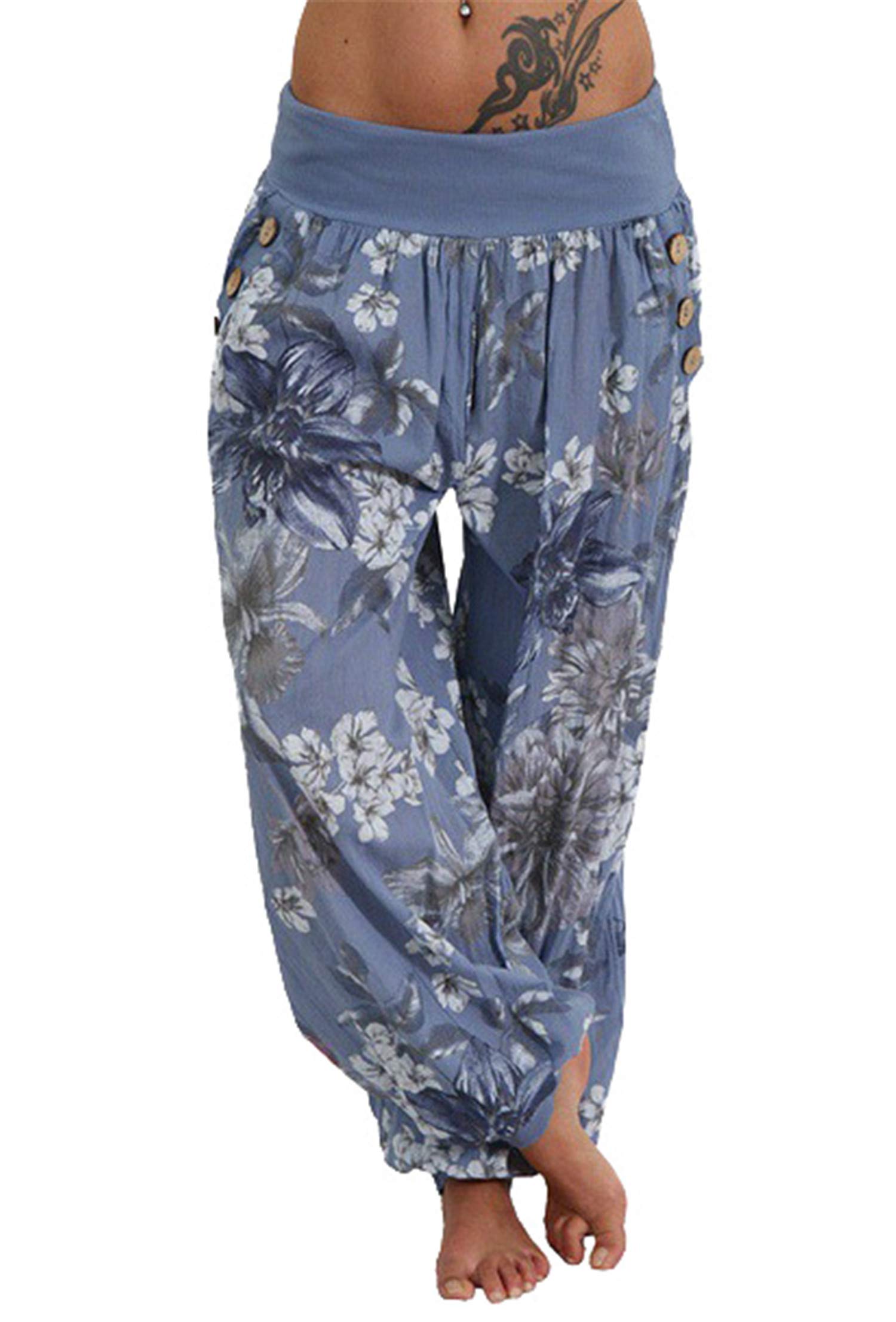 Andongnywell Women Print Wide Harem Pants Hippie Boho Loose Pocket Button Harem Pants High Waist Baggy Beach Pants (Blue,Small)