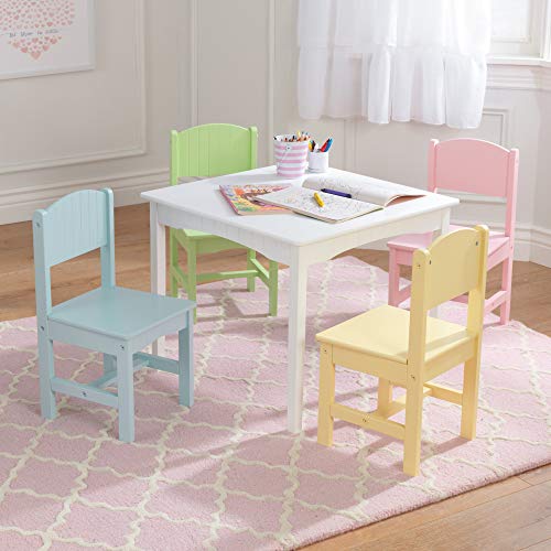 KidKraft Wooden Wall Storage Unit with 8 Plastic Bins and 13 Compartments - White, Gift for Ages 3+ and Nantucket Kid's Wooden Table & 4 Chairs Set with Wainscoting Detail, Pastel, Gift for Ages 3-8