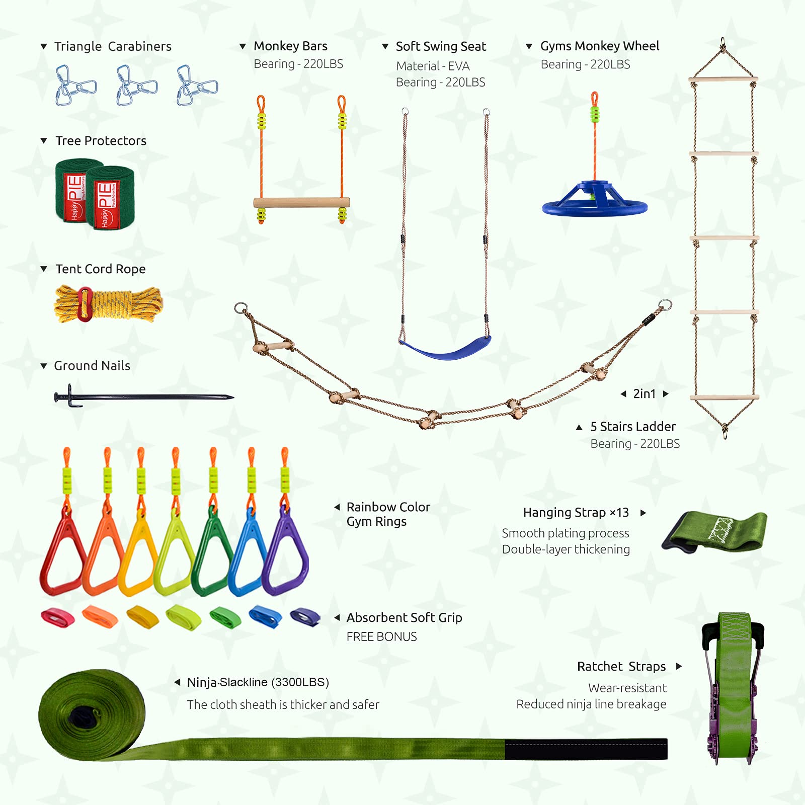 HAPPYPIE Ninja Warrior Obstacle Course Training Equipment for Kids, 46 FT Slackline with 11 Obstacles, Gymnastics Set Including Monkey Bars Zipline Swing Ninja Slackline for Backyard Boys Girls Age 6+