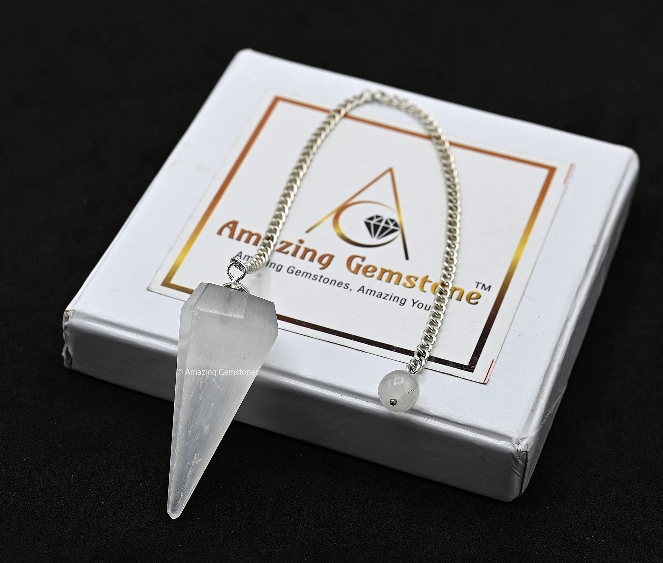 Amazing Gemstone Selenite Crystal Pendulum for Divination - Dowsing Pendulum Necklace with Chain and Crystal Ball for Reiki Healing and Crystal Grid Meditation