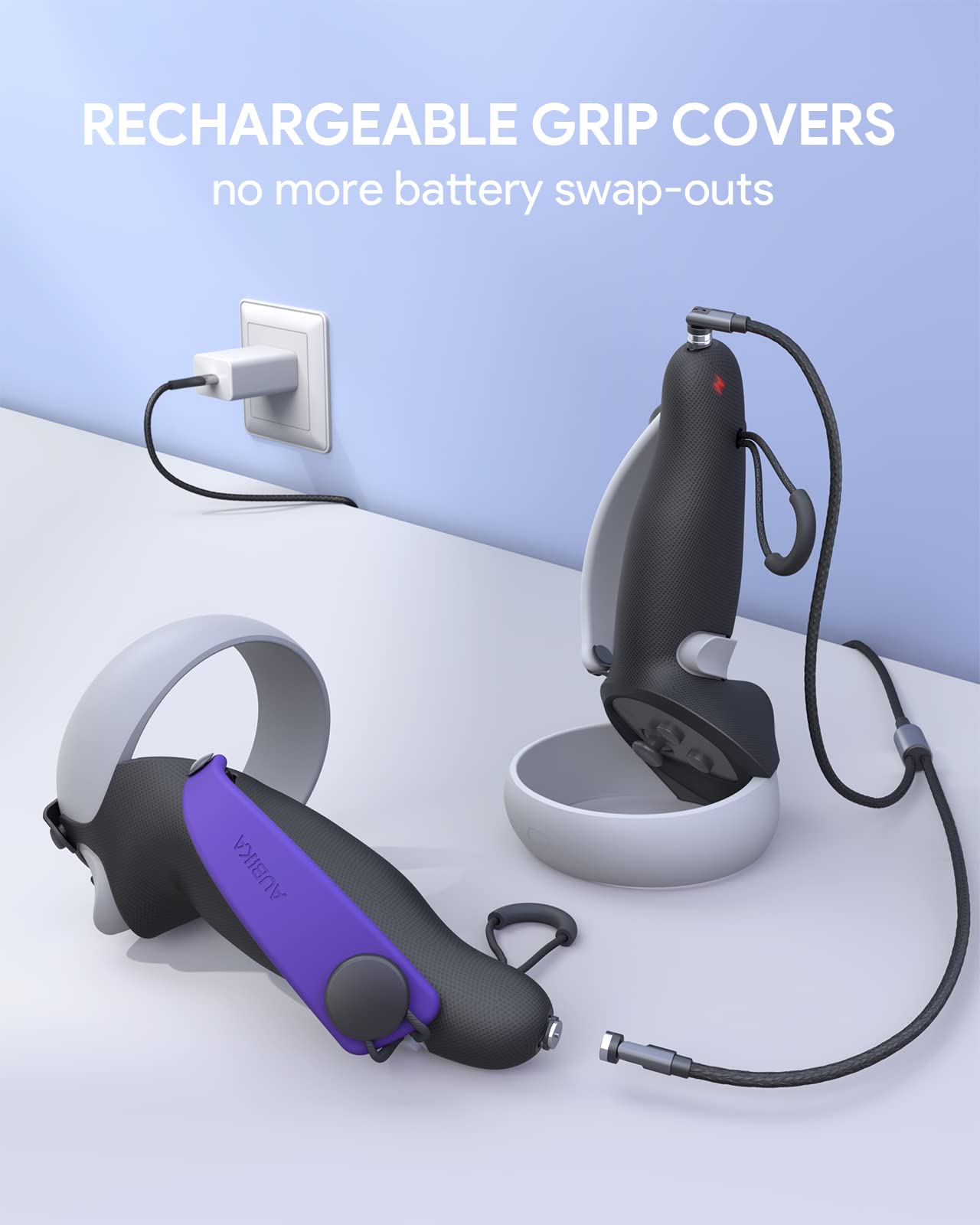 Aubika x JayBratt Rechargeable Controller Grips Cover for Meta/Oculus Quest 2 Accessories, Magnetic Charging Cable with Rotating End, suitable for any hand
