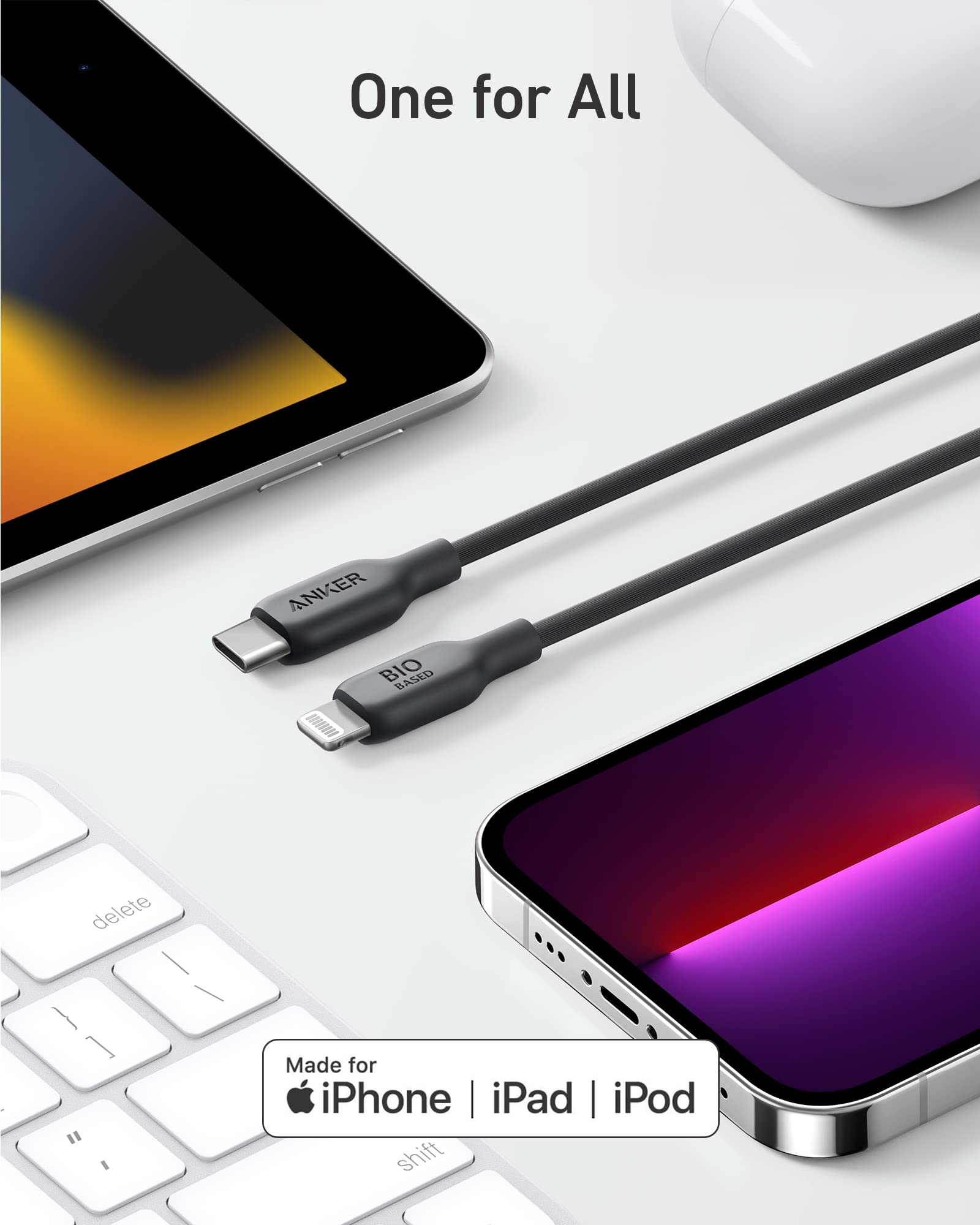 Anker 543 USB C to USB C Cable (100W 6ft), USB 2.0 Bio-Based Charging Cable USB-C to Lightning Cable, 541 Cable (6ft), MFi Certified, Bio-Based Fast Charging Cable (Phantom Black)