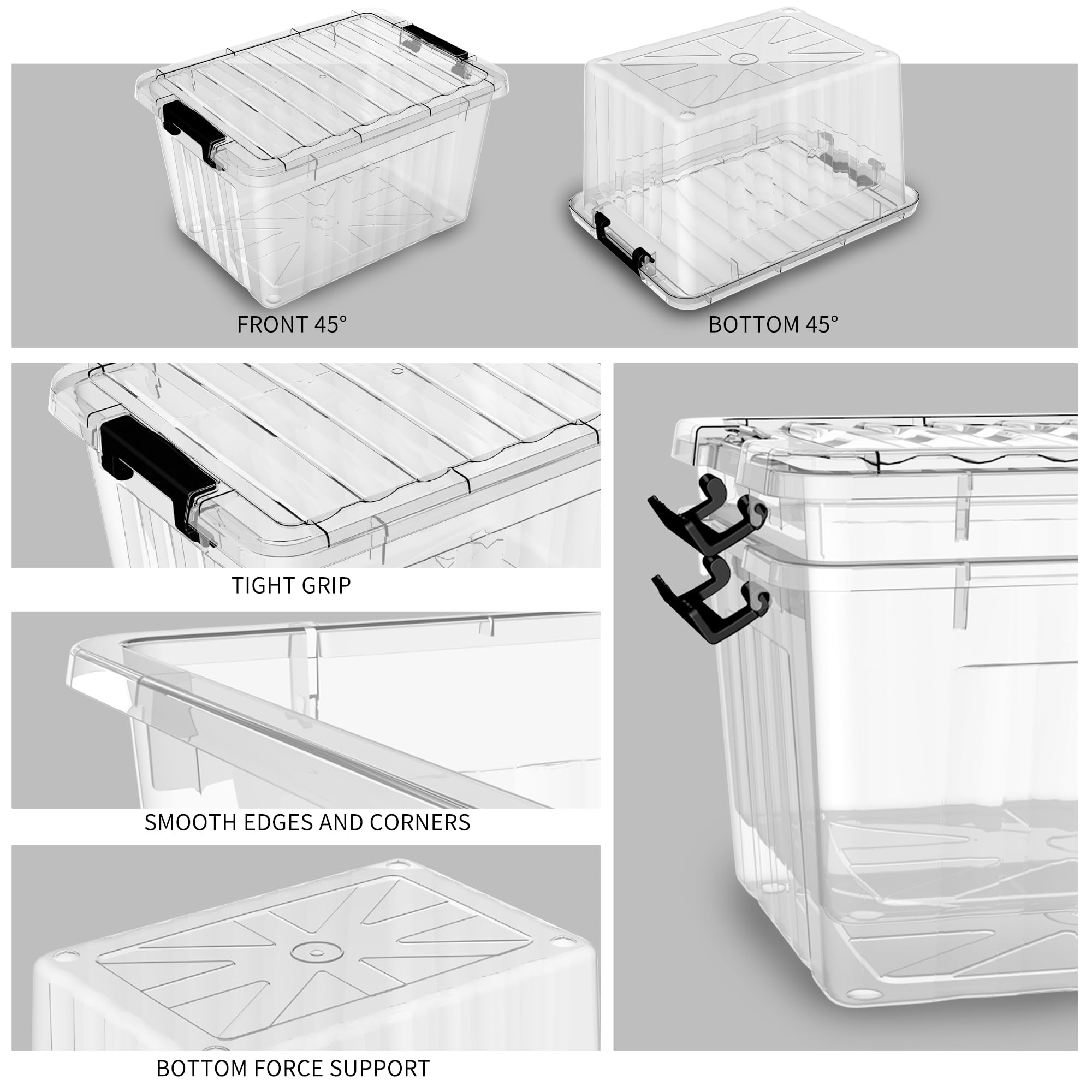 Cetomo 18Qt*4 Plastic Storage Bins, Storage Box, 4 Pack, Organizing Container with Durable Lid and Secure Clips, Stackable and Nestable, Clear with Black Buckle
