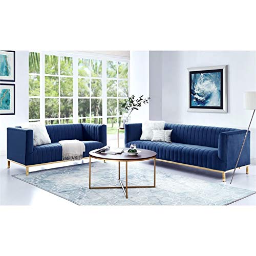 Posh Living Hayden Velvet Tuxedo Loveseat with Y-Metal Base in Navy Blue/Gold