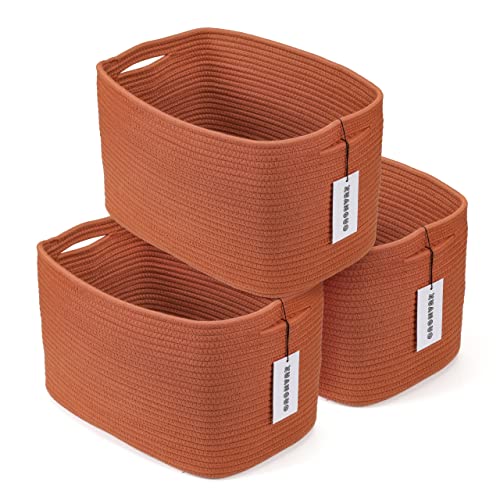 XUANGUO Cotton Rope storage Basket Bins Woven Basket for Organizing Shelves Rectangle Decorative Baskets For storage Clothes Toys Books Towels Square Wicker Nursery basket organizer 3 pack Rust