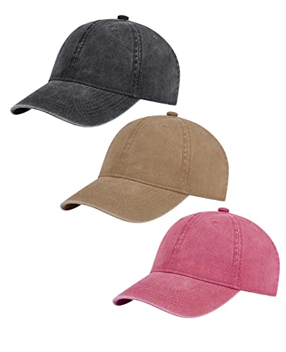 AOSMI 3 Pack Vintage Cotton Washed Plain Baseball Caps Dad Hats Adjustable Men Women Unstructured Low Profile Blank Summer Soft Distressed Ball Caps Outdoor Workout Black Khaki Red-Wine