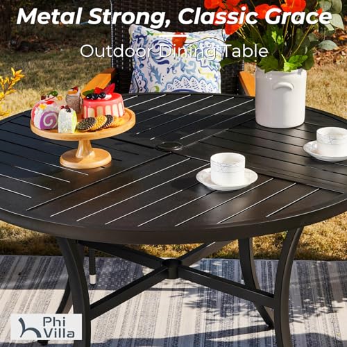 PHI VILLA 5 Pieces Patio Dining Set for 4 with 10ft Patio Umbrella, Metal Patio Circle Table Outdoor Stackable Wrought Iron Chair Set of 4 & 42" Large Round Dining Table,3 Tier Vented Beige Umbrella