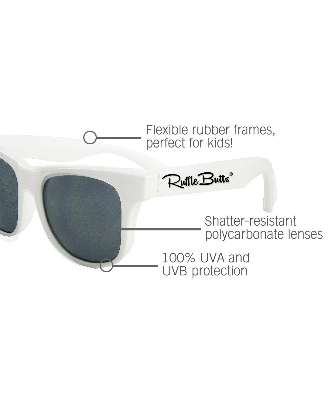 RuffleButts Kids Sunglasses Impact-Resistant Polycarbonate Lenses with 100% UVA/UVB Protection and Flexible BPA-Free Frames - White - 2-5T