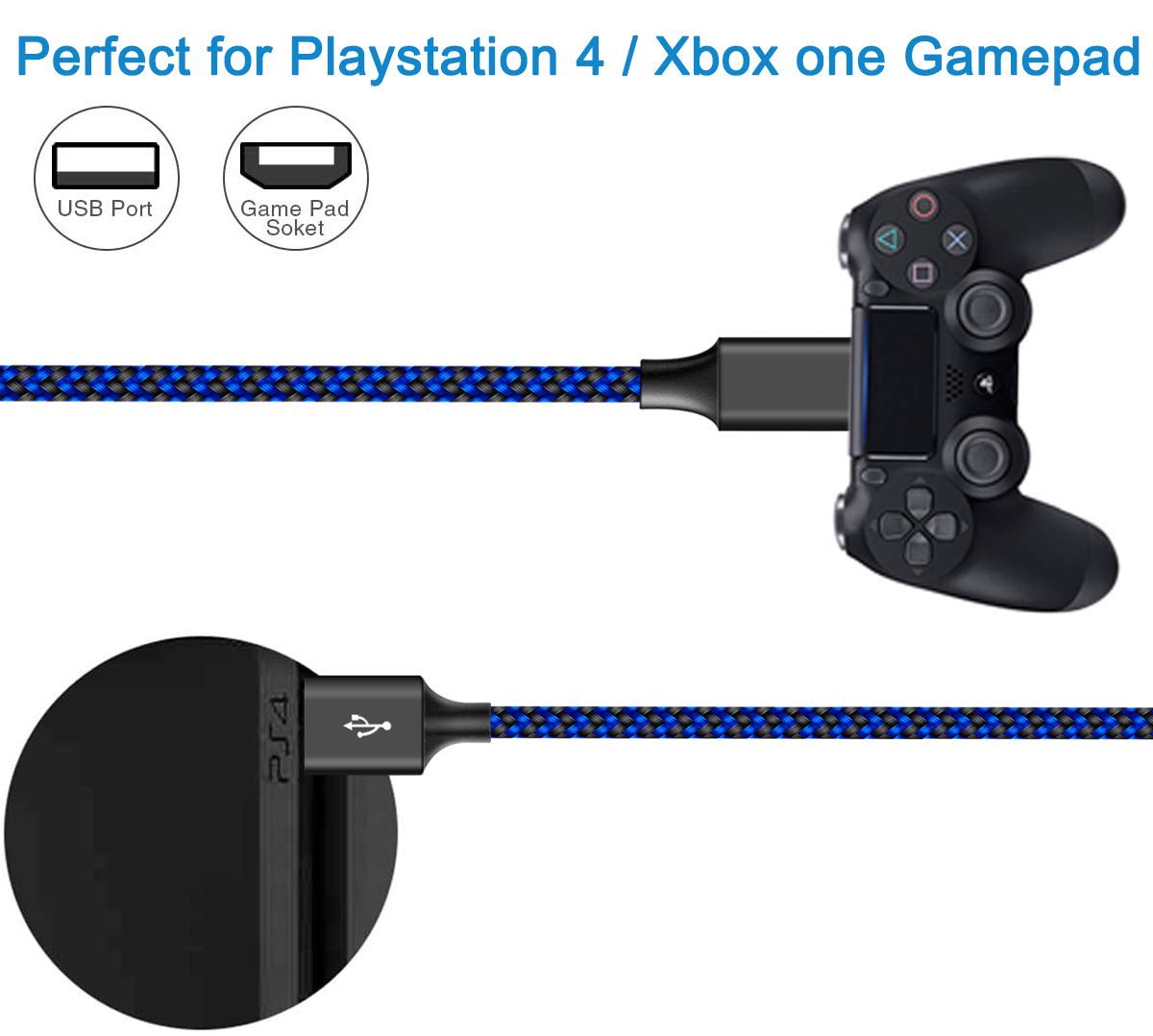 AOSOK PS4 Controller Charger Cable 10FT, 2Pack Braided PS4 Charger - Extra Long Micro USB Fast Charging Cord for Playstation 4, PS4 Slim/Pro, Xbox One S/X Controller, Android Phones