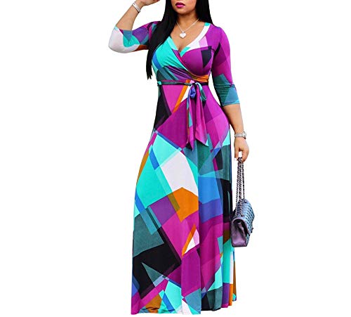 FANDEE Plus Size Maxi Dress for Women Summer Sundress V-Neck 3/4 Sleeve Multicoloured XX-Large