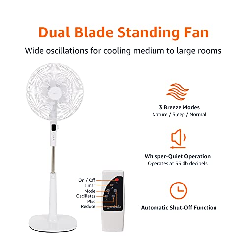 Amazon Basics 16-Inch 12-Speed Pedestal Floor Fan, Standing Fan for Home, with Oscillating Dual Blades, Remote Control, Ultra Quiet and Energy-Efficient DC Motor, Timer, Tilted Head, White