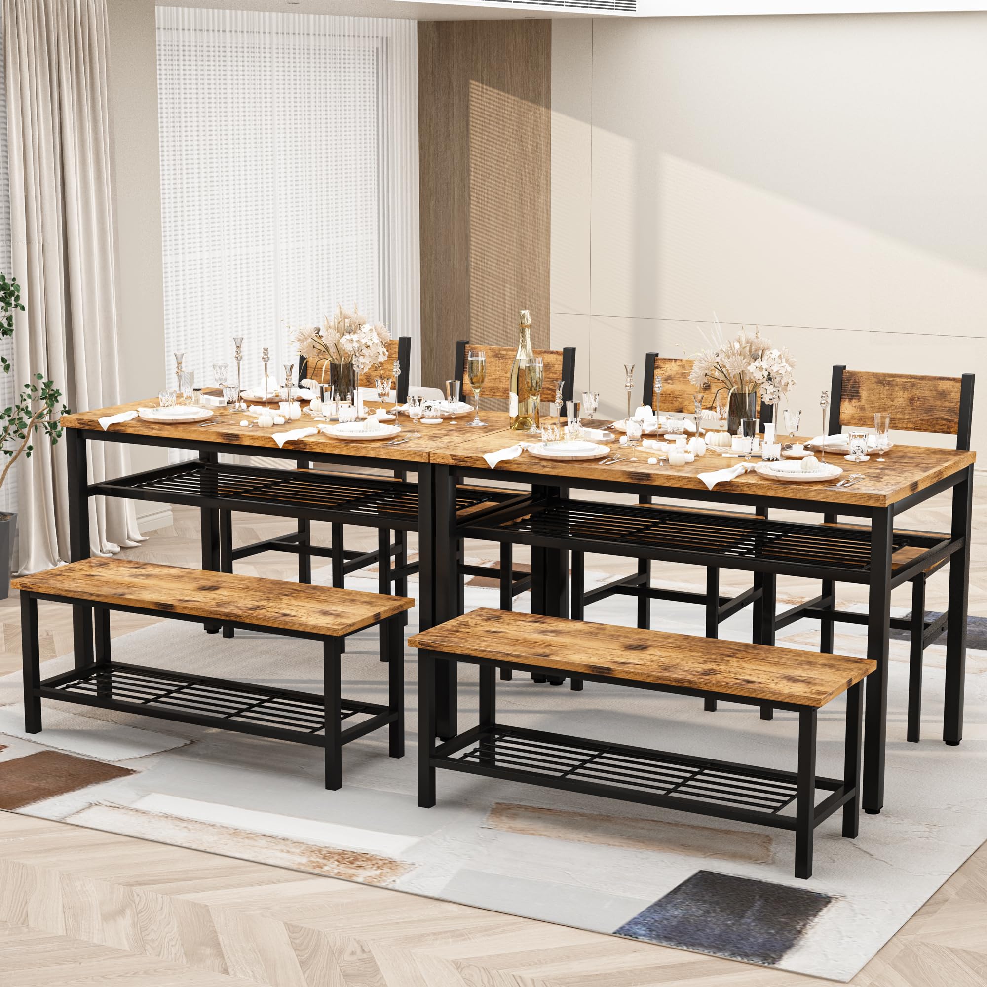 AWQM 4 Pieces Kitchen Table Set, Industrial Dining Table with 2 Chairs and Bench, Storage Racks, Space-Saving Table Set for Small Space, Apartment, Living-Room, Restaurant, Vintage Brown