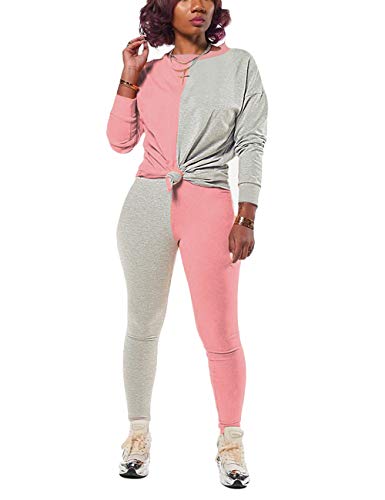 Angsuttc Jogger Sets for Women 2 Piece, Color Blocked Long Sleeve Tops Skinny Pants Tracksuit Outfits Pink&Grey M