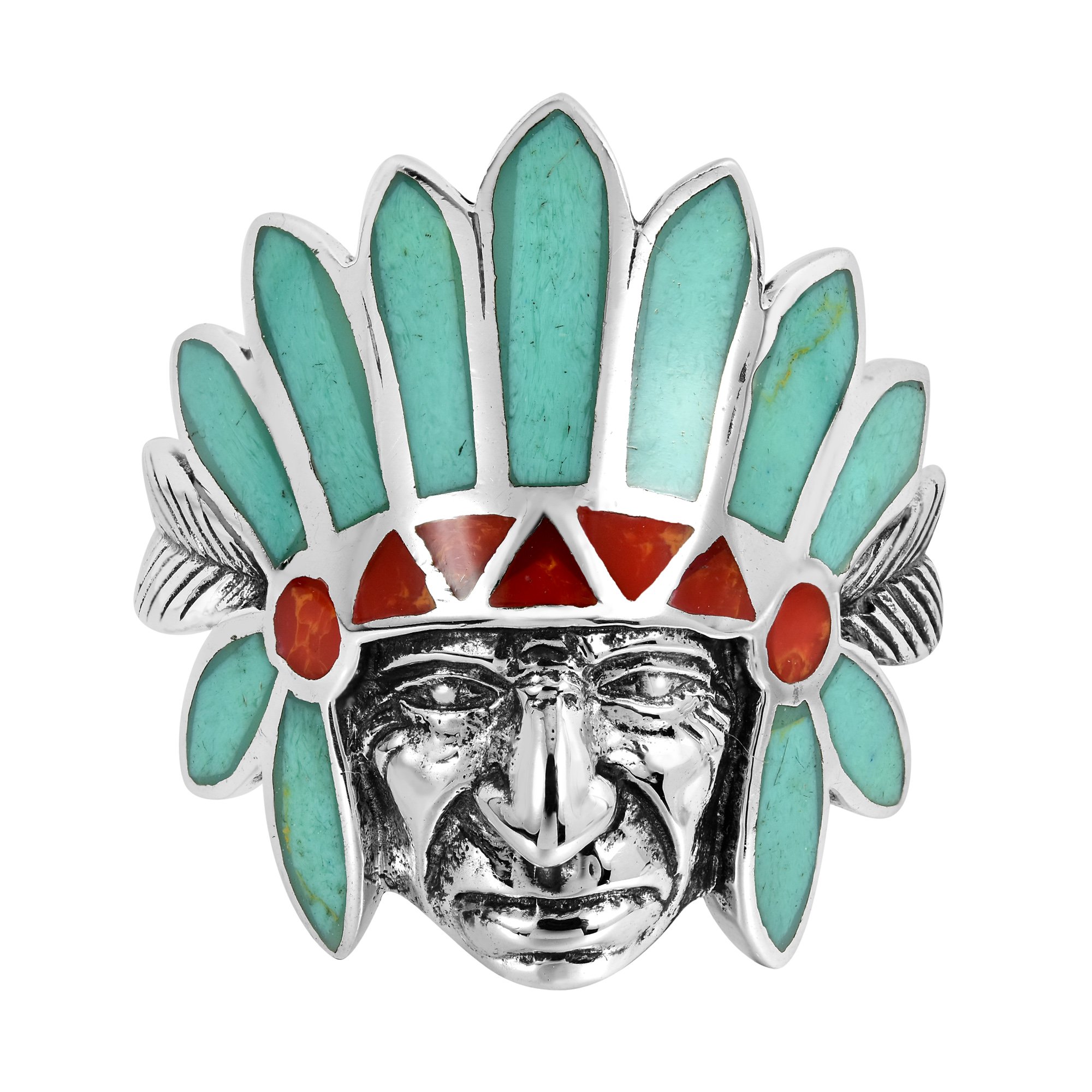 AeraVida Native American Style Reconstructed Red Coral-Green Simulated Turquoise Inlay .925 Sterling Silver Ring (9)