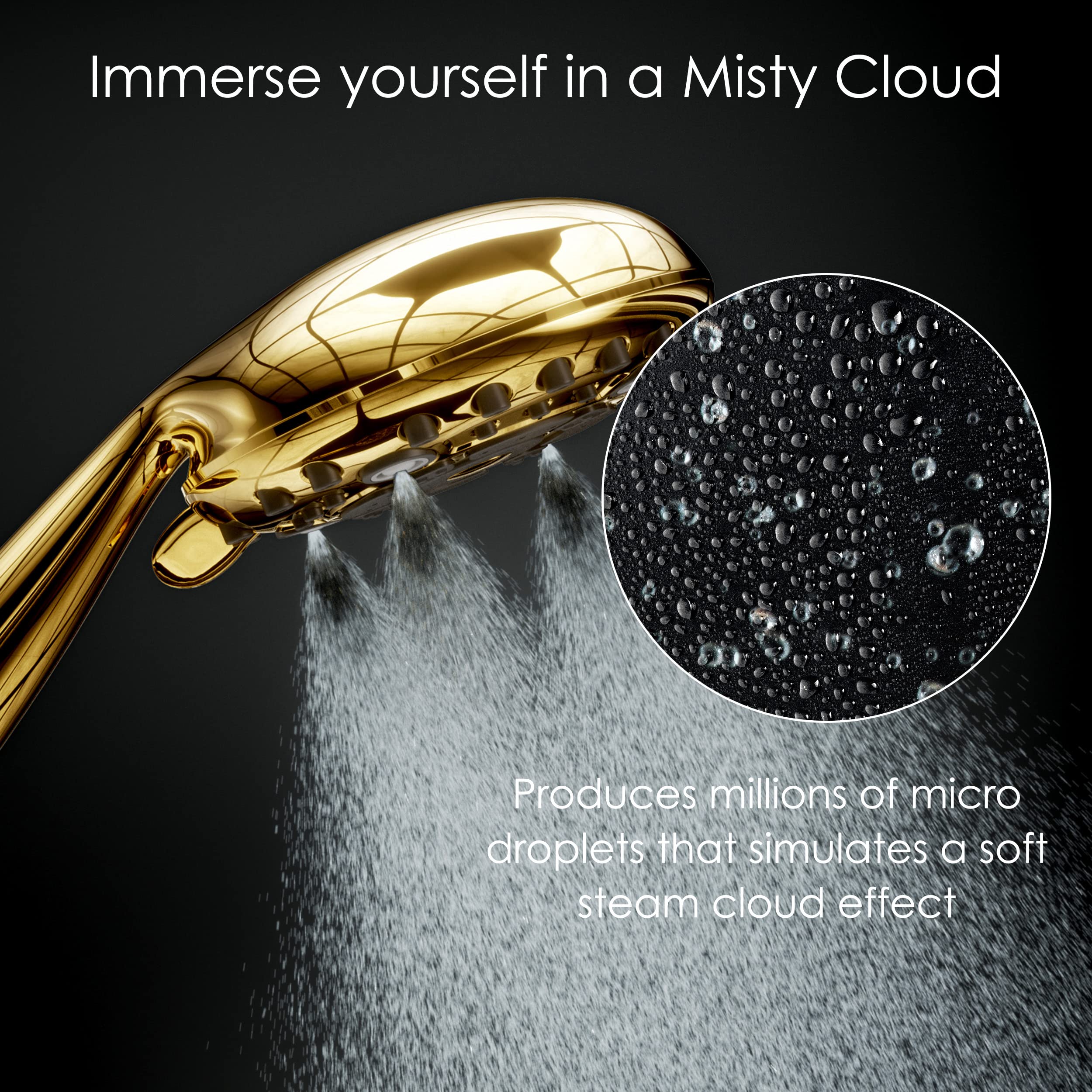 Aquarius Mist Handheld Gold Shower Head With Hose (Extra Long) Spa Grade High Pressure Hand Held Showerhead Wand With 6 Spray Settings β Adjustable Mount Holder & Teflon Tape - Polished Brass