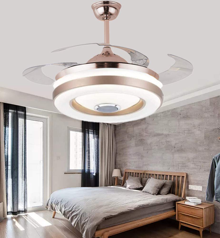 Angry Pryo 42Inch Bluetooth Ceiling Fan with Light and Speaker Music, 7 Color Dimmable LED Retractable Blades with Remote Ceiling Lighting Chandelier for Livingroom Restaurant Hall