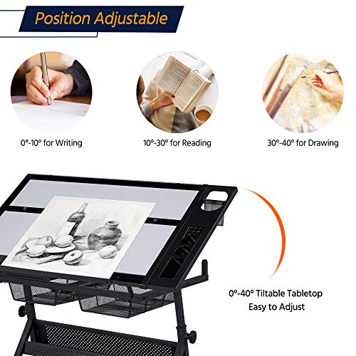 Yaheetech Drafting Table w/Stool Height Adjustable Multifunctional Art Craft Artists Desk Tilting Glass Tabletop Diamond Paintings Work Station w/2 Storage Drawers for Home Office