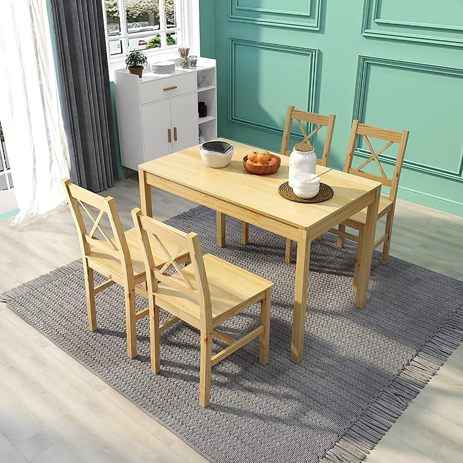 ALLINLIFE Dining Table Set for 4,Dining Room Table and 4 Chairs Set Pine Wooden for Kitchen & Dining Room Modern Space-Saving Design Oak Color