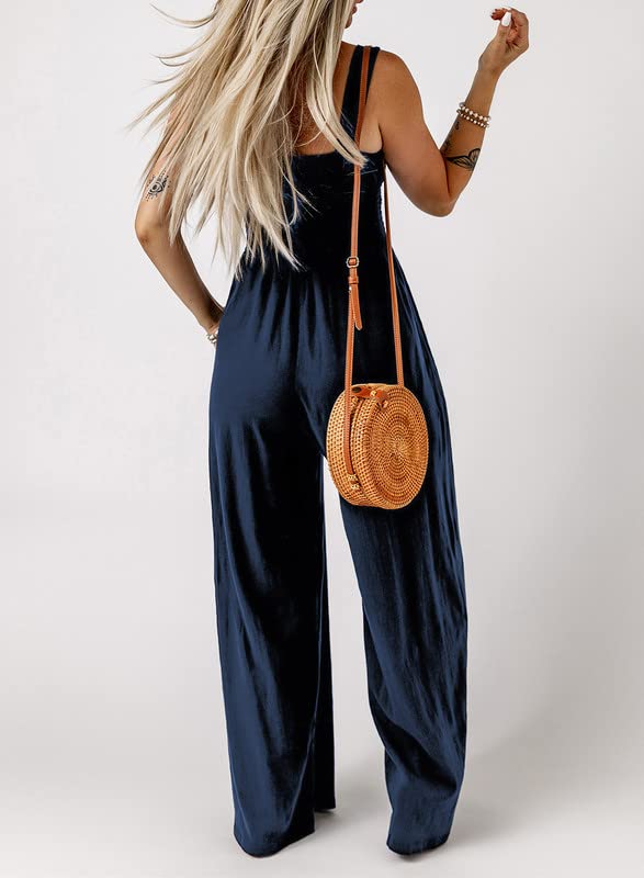 Dokotoo Womens Overalls Blue Jumpsuits for Women Casual Loose Fit Solid Color Wide Leg One Piece Sleeveless Jumpsuit Long Pant Rompers with Pockets Medium