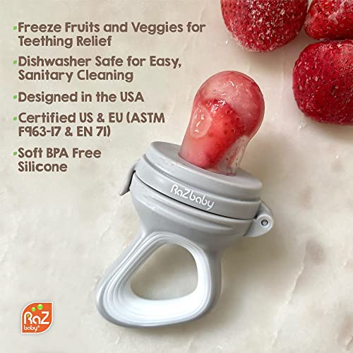 RaZbaby Baby Solids/Frozen Fruit Feeder Pacifier, Infant Teether Toy 6M+, BPA-Free Silicone Pouch & Nipple, Safely Introduce Solids, Teething Relief, Dishwasher Safe, 2-Pack β Orange/Blue + Green/Blue