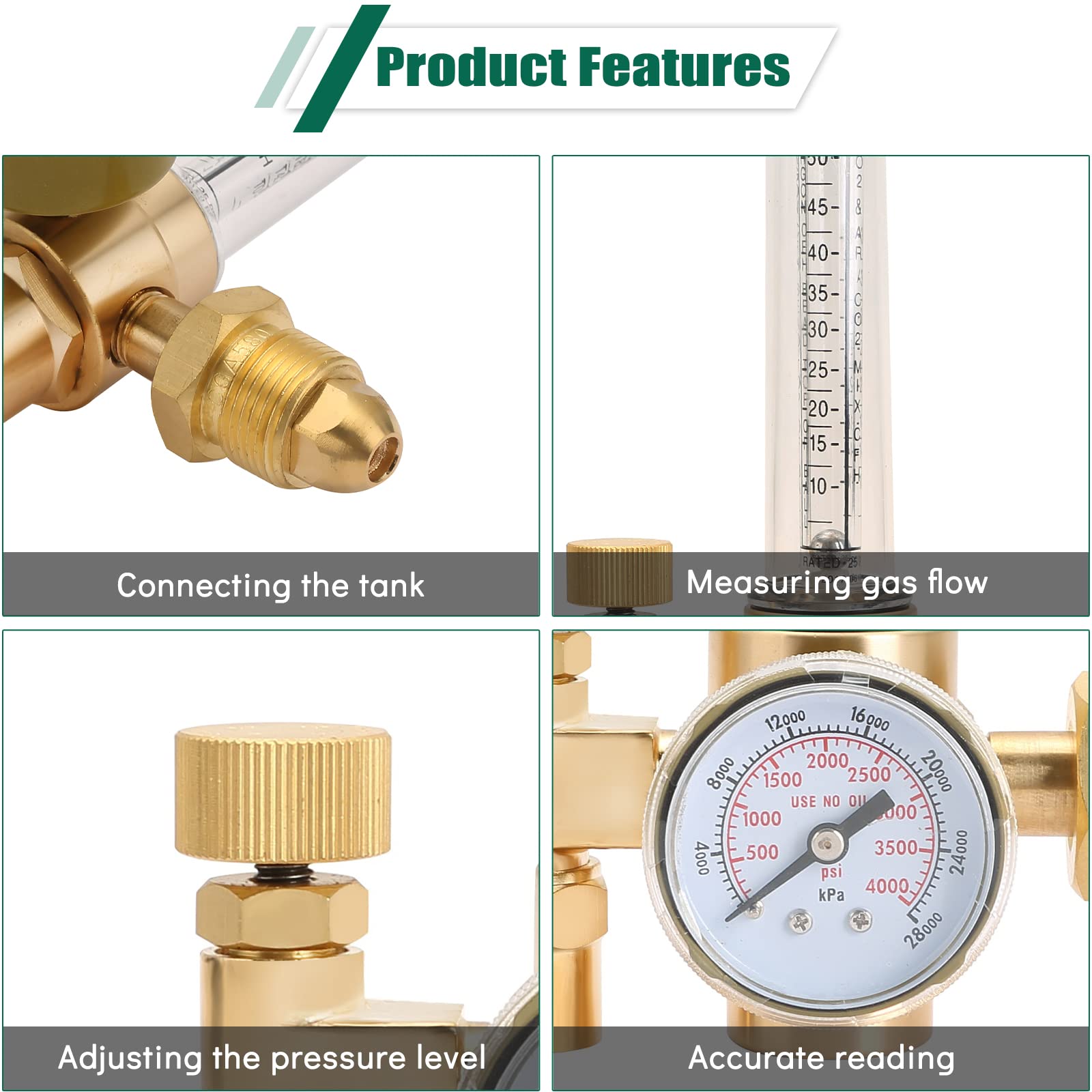 ATPEAM CO2 Argon Regulator TIG Welder MIG Welding CO2 Flowmeter 10 to 50 CFH - 0 to 4000 psi Pressure Gauge with 6.5 Foot Hose CGA580 Inlet Connection Gas Welder Welding Regulator