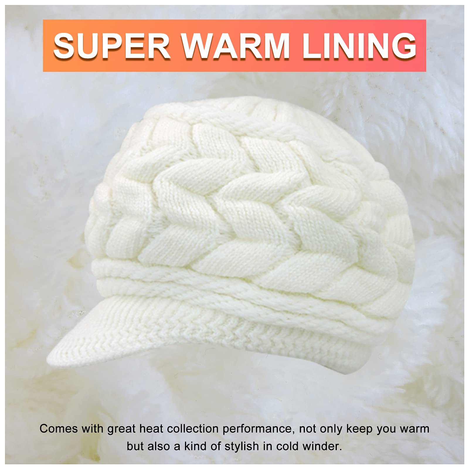 Andiker Women Winter Knit Hat with Brim, Elegant Beanie Cap with Warm Fleece Lined (Black)