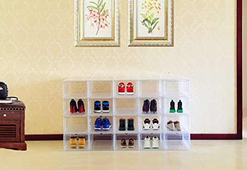 JECCICHY 6 Pack Shoe Organizer for Closet, Shoe Storage Container with Lids, Shoe Box Clear Plastic Stackable, Thick Hard Polypropylene, Drop Front Door, Within US Size 12, Large (Outside Size: 13.54βx 10.63βx 7.48β) (clear)