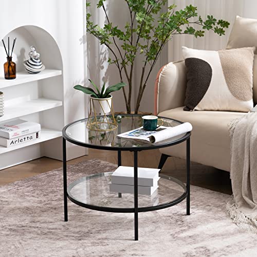 VINGLI Glass Coffee Table, 25.6" Round Coffee Table Black Coffee Tables for Living Room, 2-Tier Glass Top Coffee Table with Storage Clear Coffee Table, Simple & Modern Center Table for Small Space